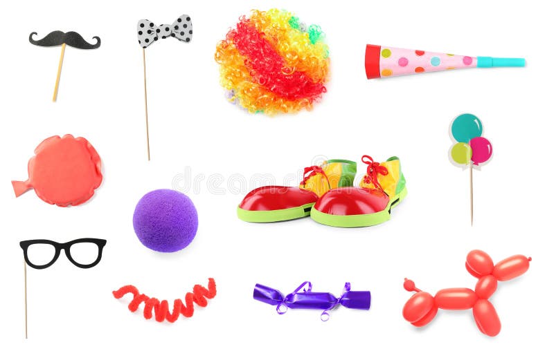 Set with Different Clown`s Accessories on White Background Stock Photo ...