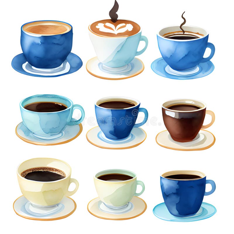 Set of Different Different Coffee Cups , Watercolor Style, Ai Generated ...