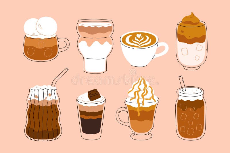 Set of Different Coffee Drinks in Beautiful Glasses and Mugs. Vector Graphics Stock Illustration ...