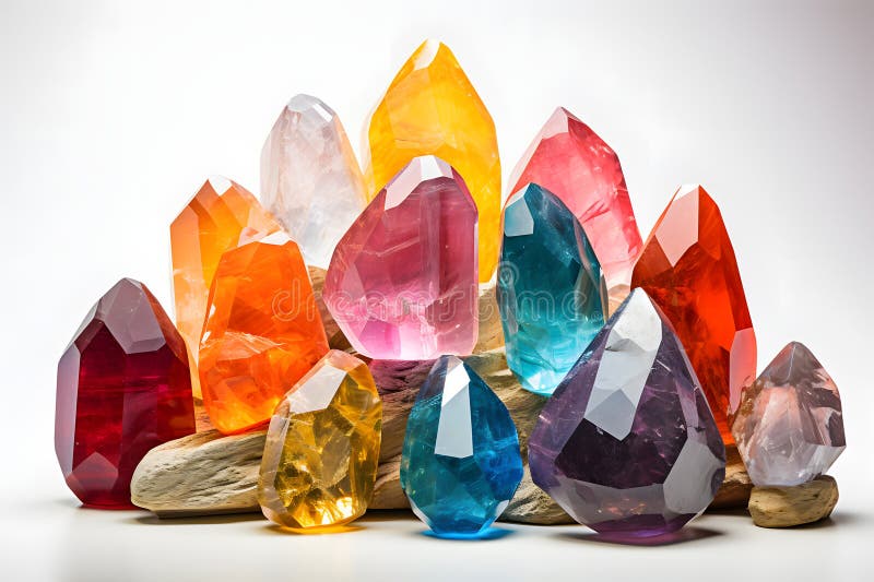 Set of Different Colored Gemstones and Crystals on a White Background ...