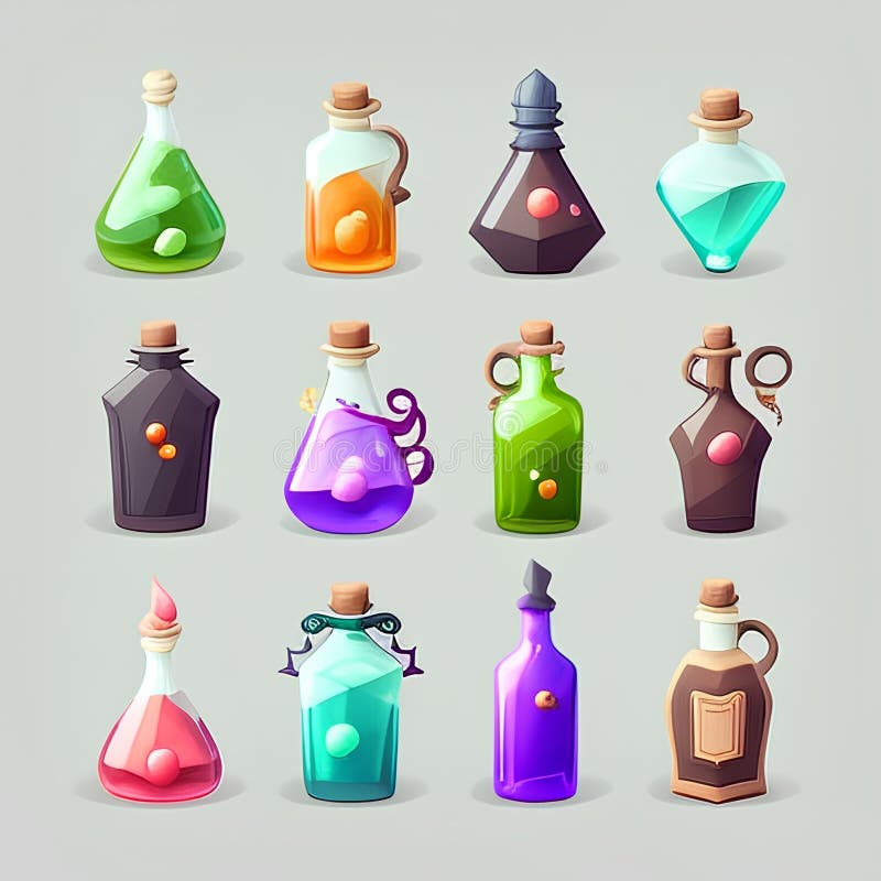 Set of Different Colored Glass Bottles with Potion. Vector Cartoon ...