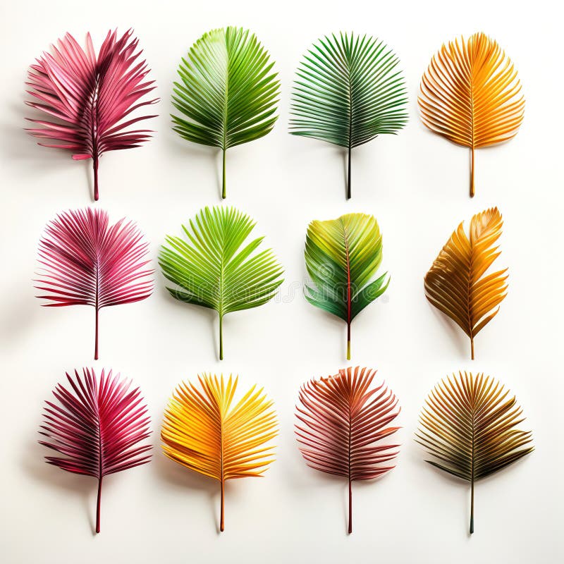 Set of Different Colored Palm Leaves Isolated on a White Background ...