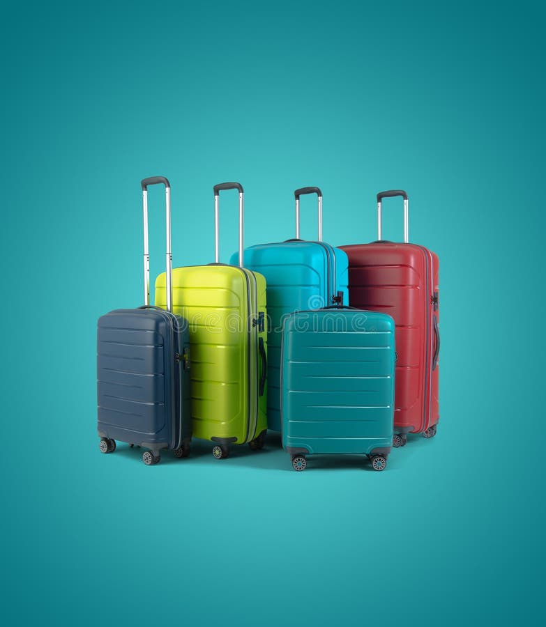 Set of Different Colored Stylish Suitcases for Travel on Blue ...