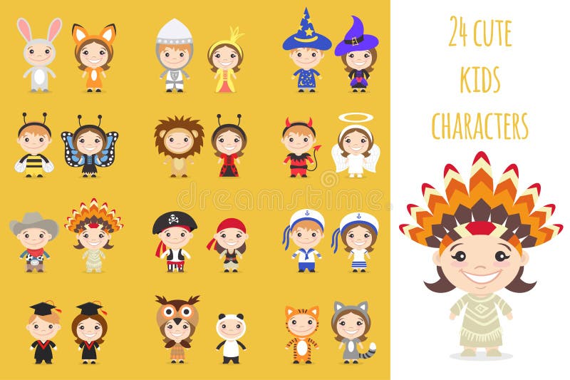 Set of Different Colorful Cartoon Kids Characters in Different Costumes ...