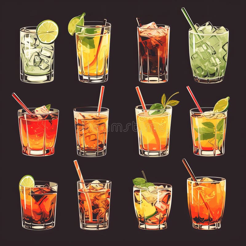 Set of Different Colorful Cocktails. Cocktails Collection on Dark ...
