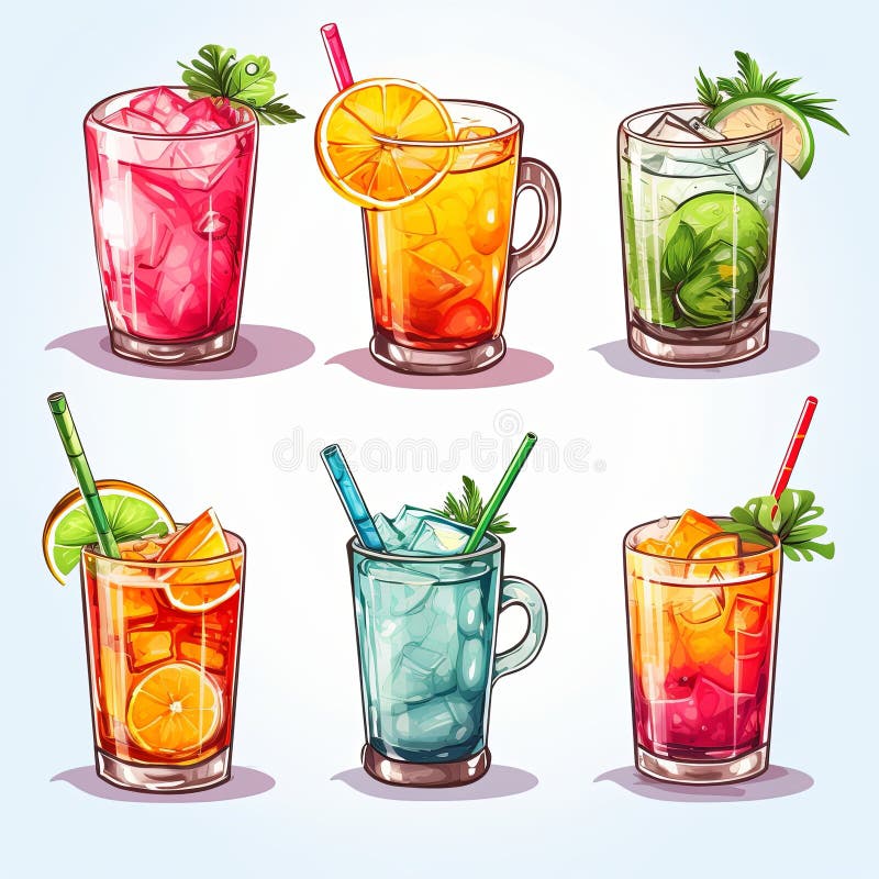 Set of Different Colorful Cocktails. Cocktails Collection on White ...