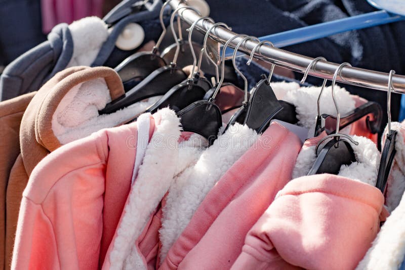 Set of Different Colorful Jacket, Hanging on Rack Shopping. Collection ...