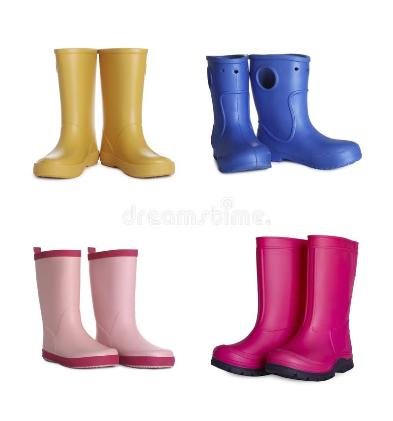 Set with Different Colorful Rubber Boots on White Background Stock ...