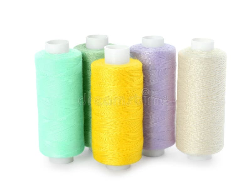 Set of Different Colorful Sewing Threads on White Background Stock ...