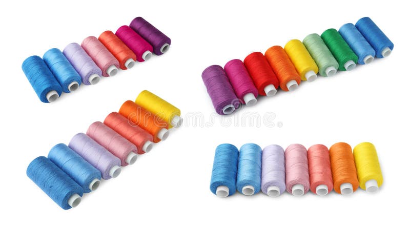 Set of Different Colorful Sewing Threads on White Background Stock ...