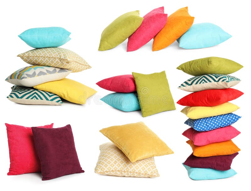 Set with Different Colorful Soft Pillows on White Background Stock ...