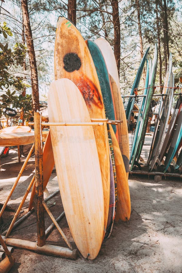 Set of Different Colorful Surf Boards in a Stack Stock Image - Image of ...