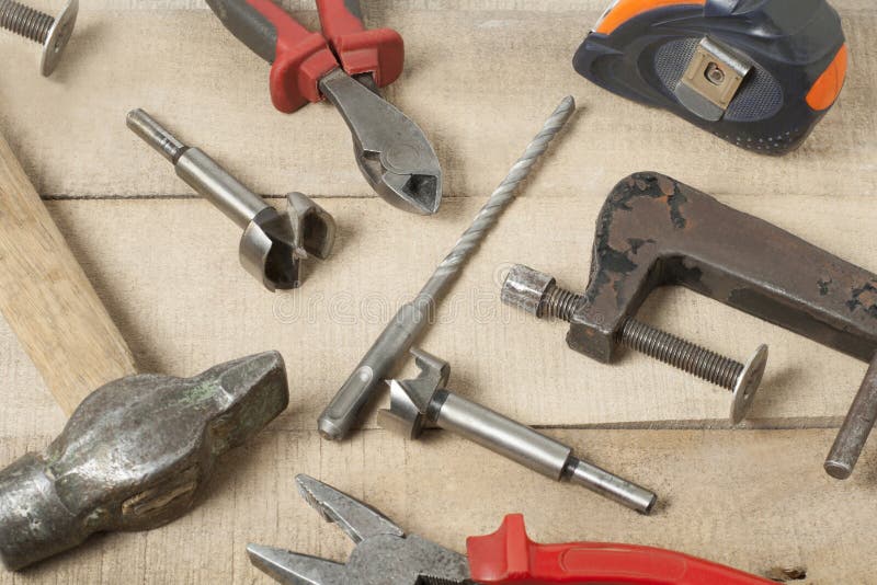 Set of Different Construction Tools on Wooden Background.Construction ...