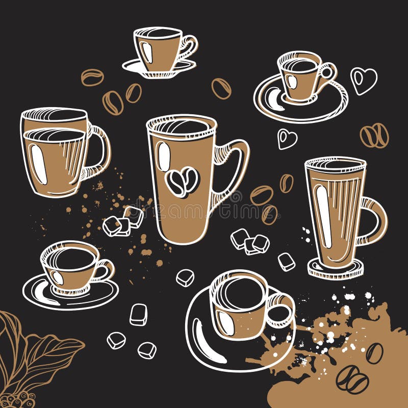 Set of Different Cup of Tea and Coffee. Graphic Handmade Sketch. Vector ...
