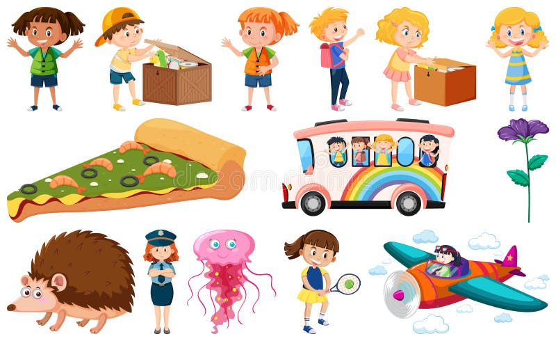 Set of Different Cute Kids and Objects Stock Vector - Illustration of ...