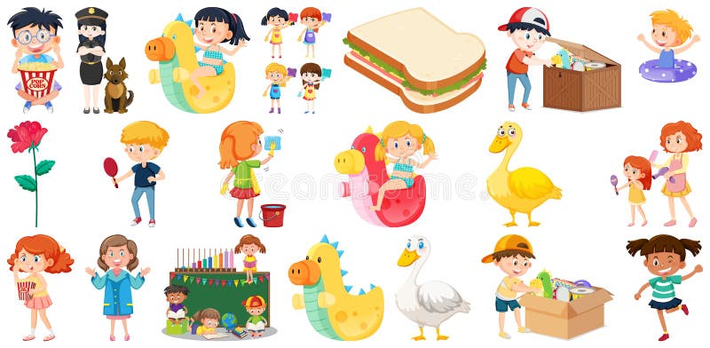 Set of Different Cute Kids and Objects Stock Vector - Illustration of ...