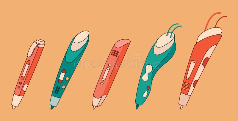 Five Different 3d Pens, Isolated Objects in Hand Drawn Style Stock ...