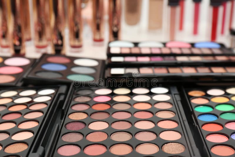 Set of Different Decorative Cosmetics on Table. Makeup Products Stock ...