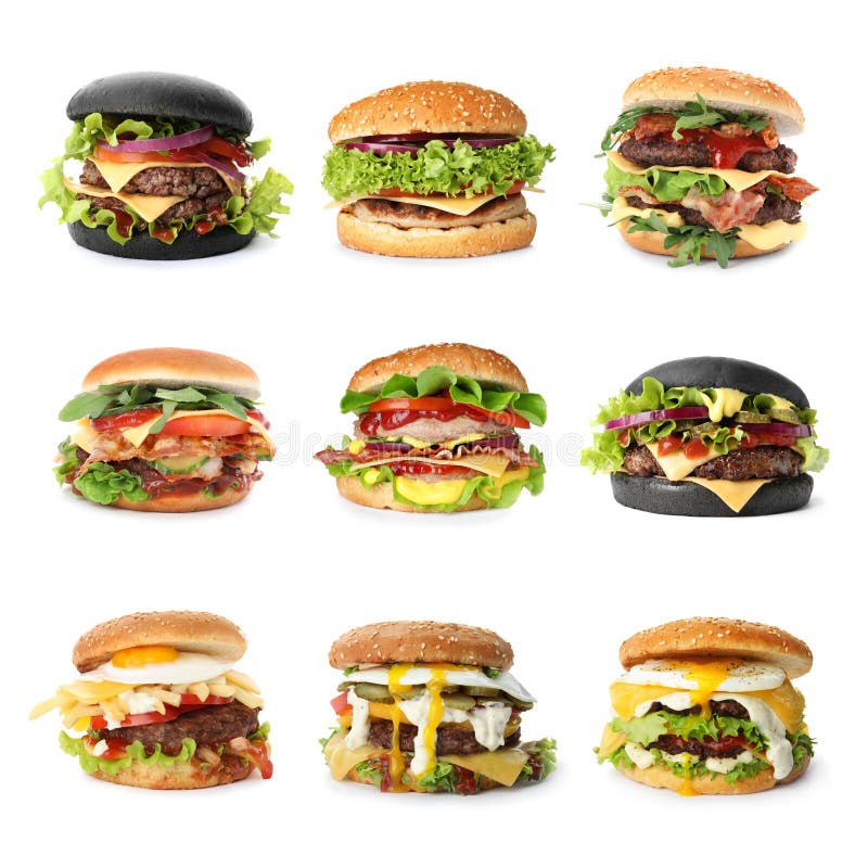 Set of Different Delicious Burgers on Background Stock Photo - Image of ...