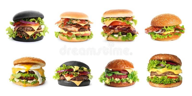 Set of Different Delicious Burgers on Background Stock Photo - Image of ...