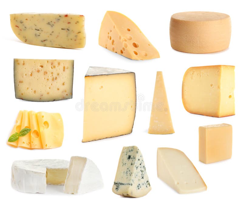 Set of Different Delicious Cheeses on White Stock Image - Image of ...