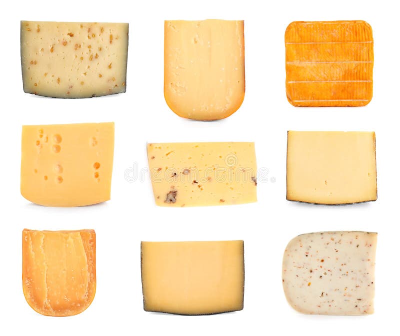Set of Different Delicious Cheeses on White Stock Image - Image of ...