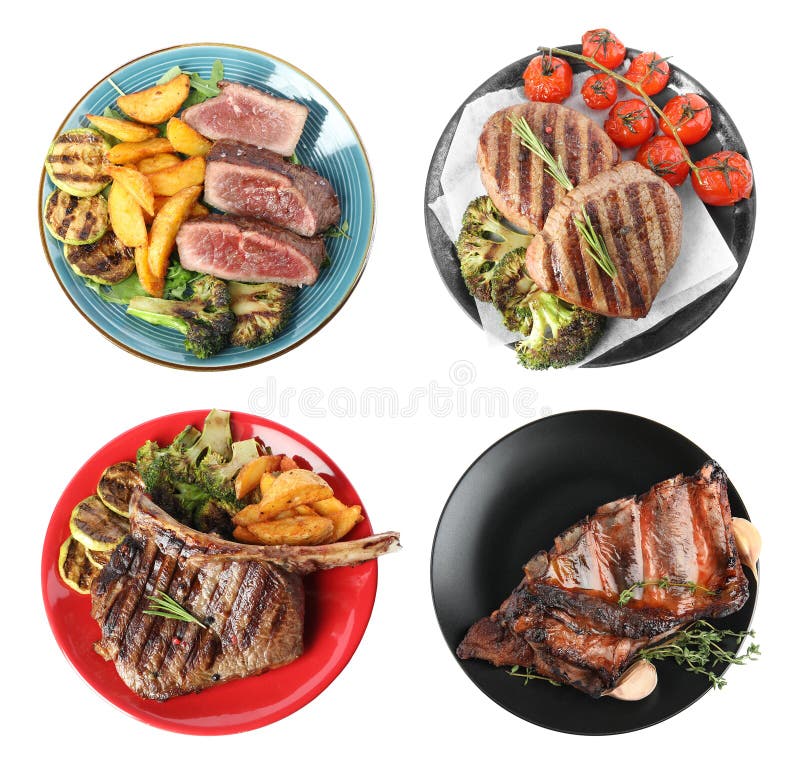 Set with Different Delicious Grilled Meat on Background, Top View Stock ...