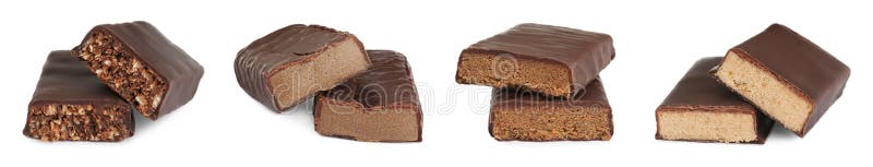 Set with Different Delicious Protein Bars on White Background. Banner ...