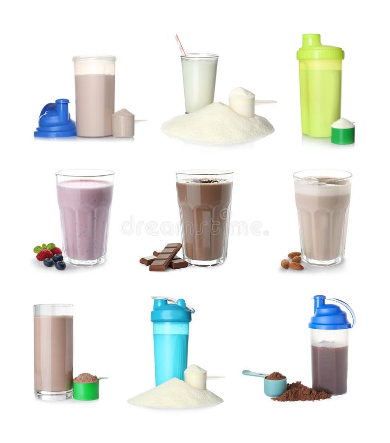 Set of Different Delicious Protein Shakes on White Stock Photo - Image ...