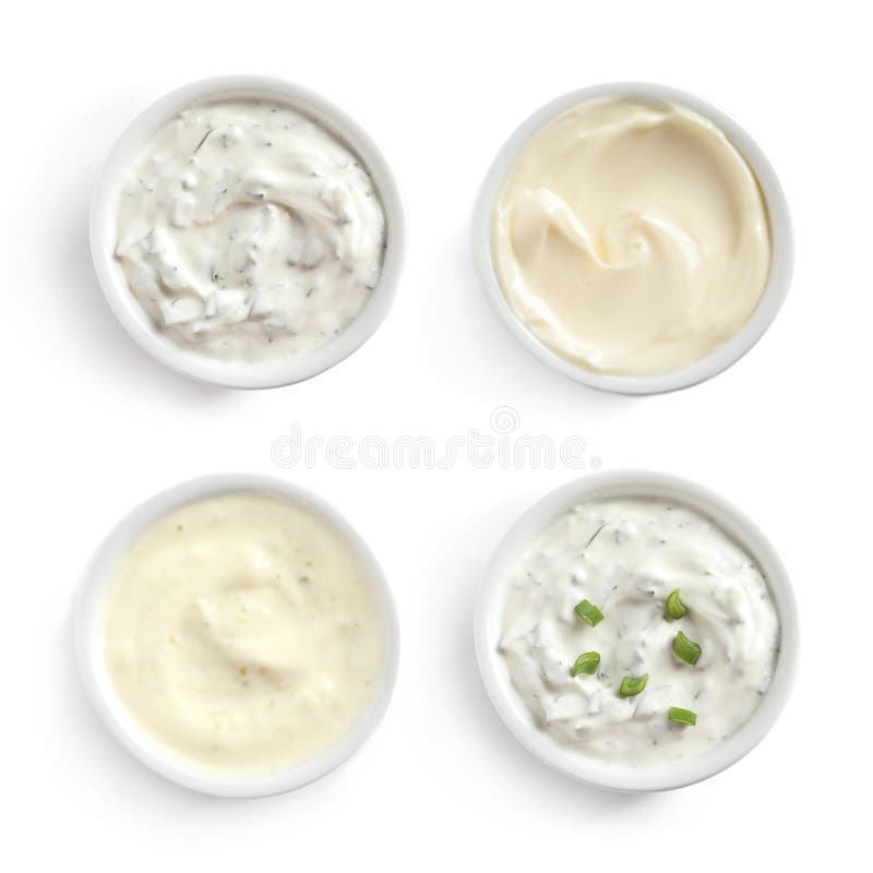 Set of Different Delicious Sauces on Grey Table, Top View Stock Photo ...