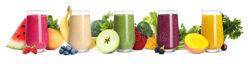 Set with Different Delicious Smoothies in Glasses on White Background ...