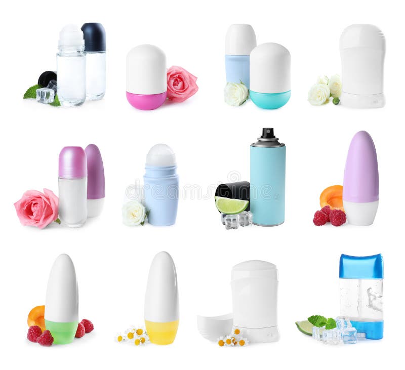 Set of Different Deodorants with Ingredients on White Background Stock ...