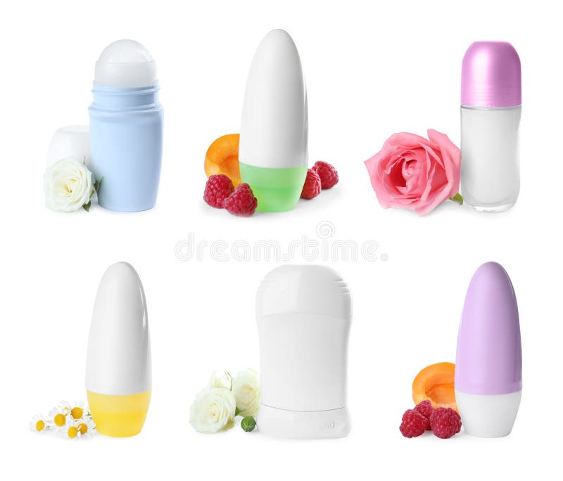 Set of Different Deodorants with Ingredients on White Background Stock ...