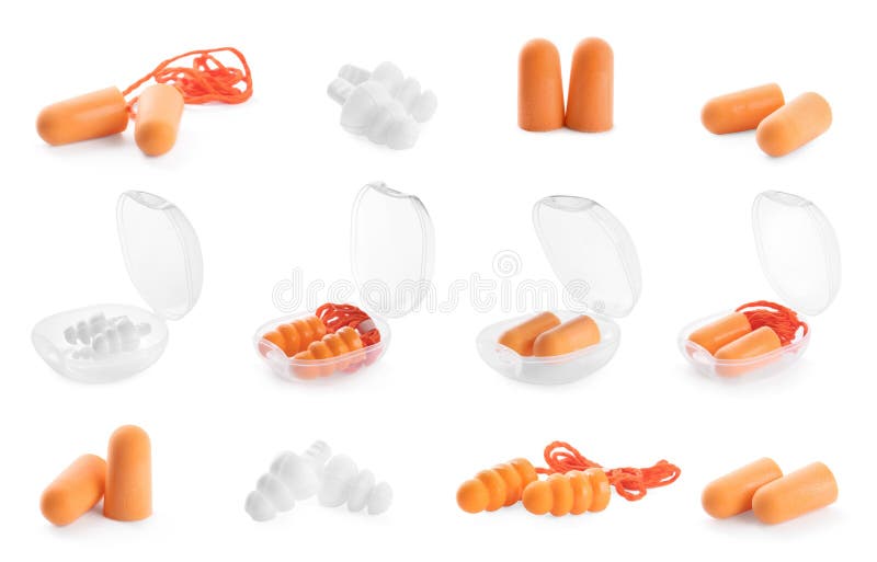 Set with Different Ear Plugs on White Background Stock Photo - Image of ...