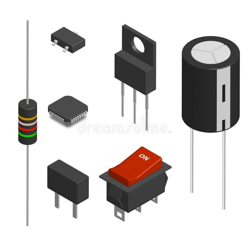 Set of Different Electronic Components in 3D, Vector Illustration ...