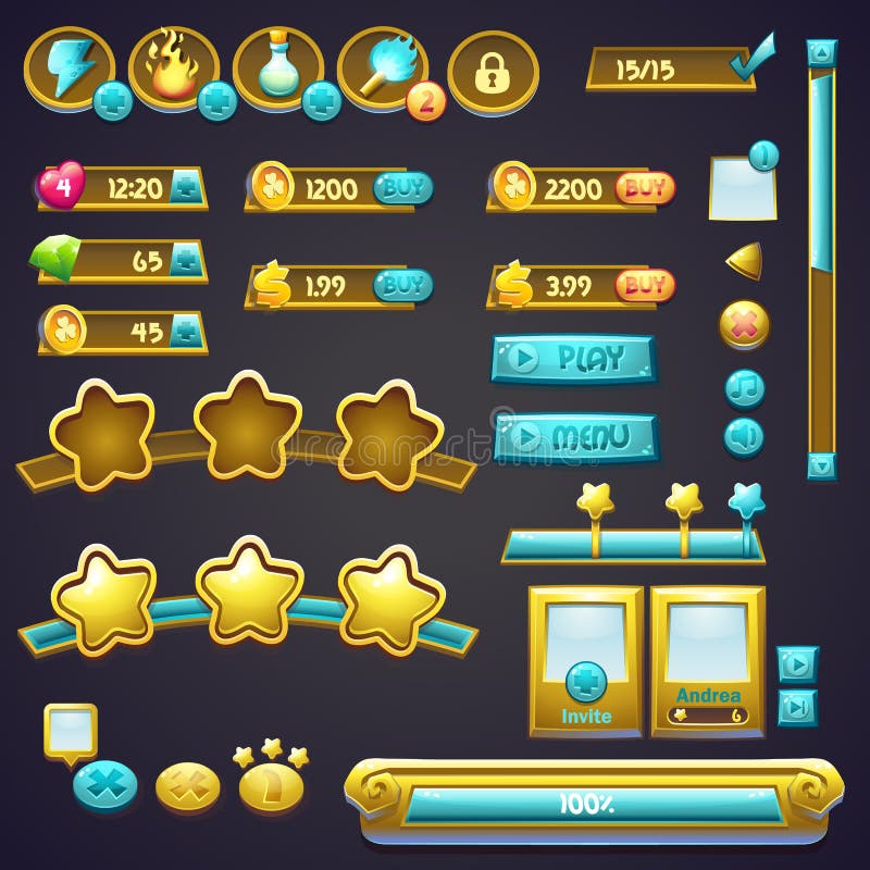 A Set of Wooden Cartoon Buttons for the User Interface of Computer ...