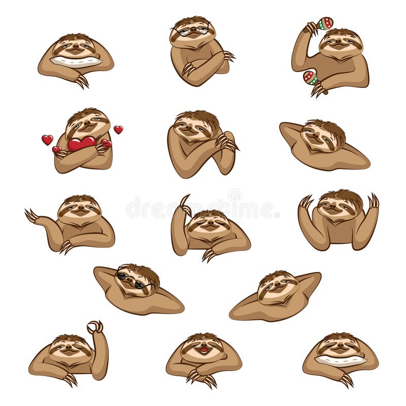 A Set of Different Emotions of a Funny Cartoon Sloth. Stock Vector ...