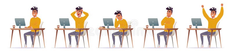 Set of Different Emotions of Young African American Guy Working at His ...