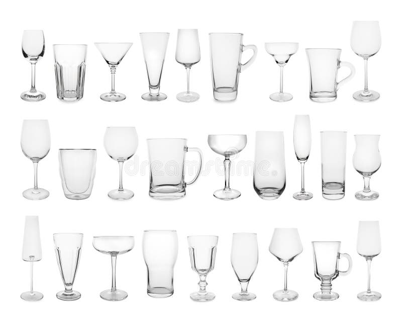 Set of Different Empty Glasses on White Stock Image - Image of elegance ...