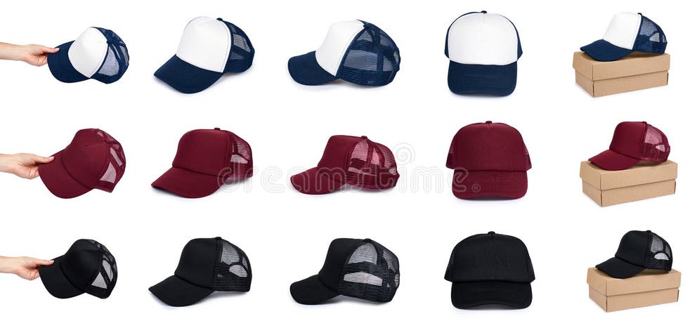 Set of Different Empty Textile Cap with Hand and Box Isolated on White ...