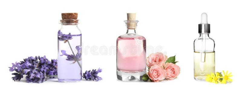 Set of Different Essential Oils for Aromatherapy on White Background ...