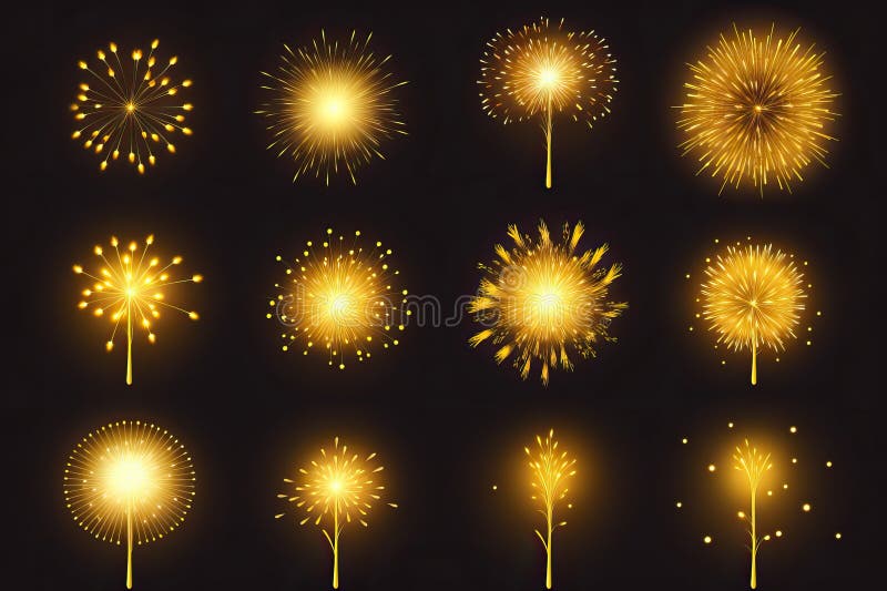 A Set of Different Flashes from Fireworks of Yellow Color on a Black ...