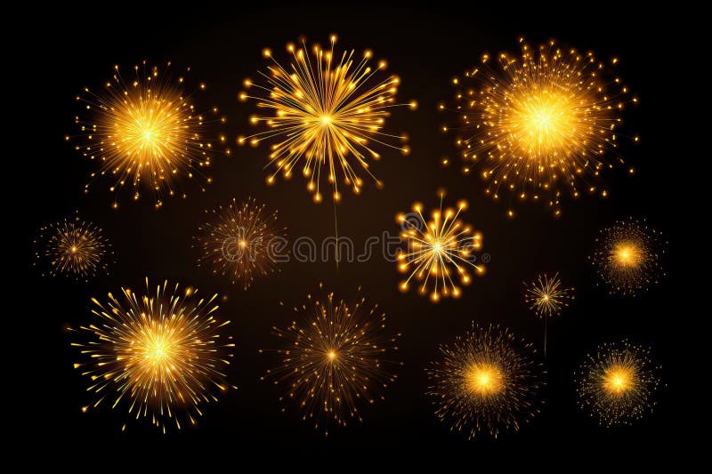 A Set of Different Flashes from Fireworks of Yellow Color on a Black ...