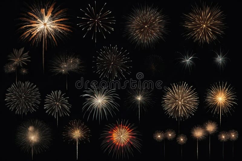 A Set of Different Flashes from Fireworks of Yellow Color on a Black ...