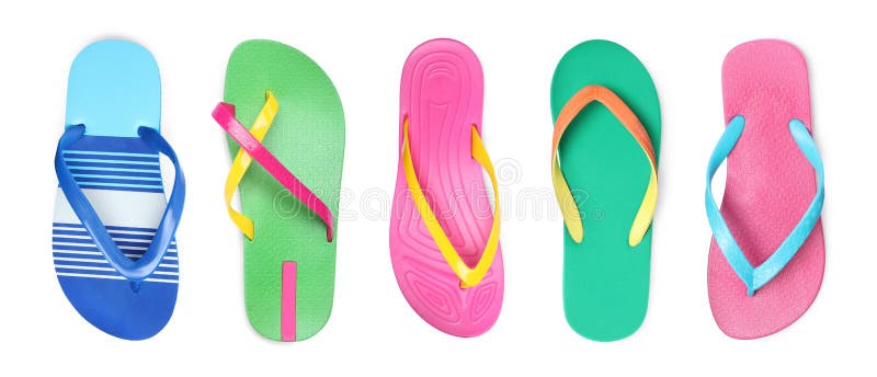 Set with Different Flip Flops on White Background, Top View. Banner ...