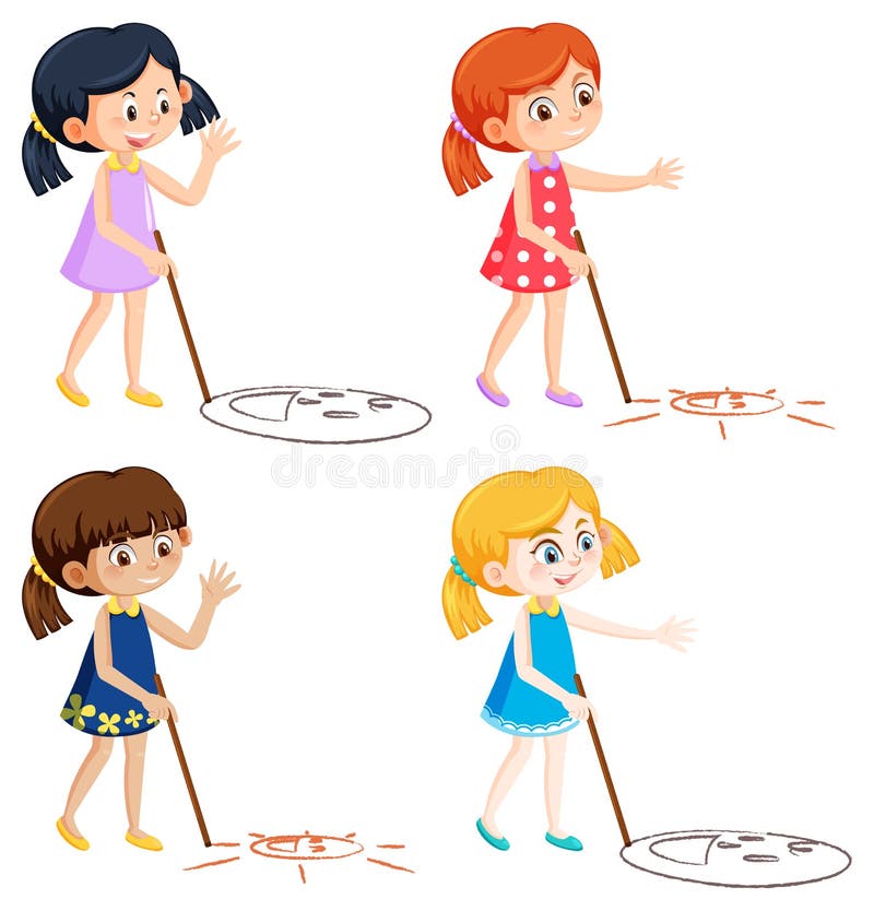 Set of Different Four Girls Drawing Smile Face on the Ground Stock ...