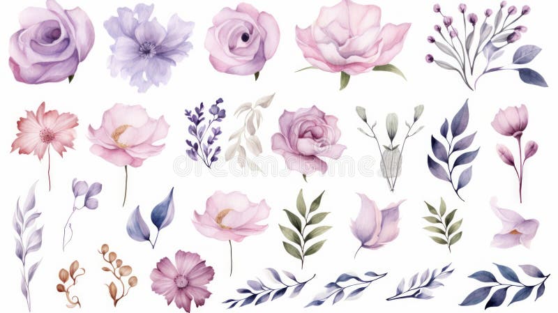 Set of Different Fresh Flowers in Lilac Colors on a White Background ...