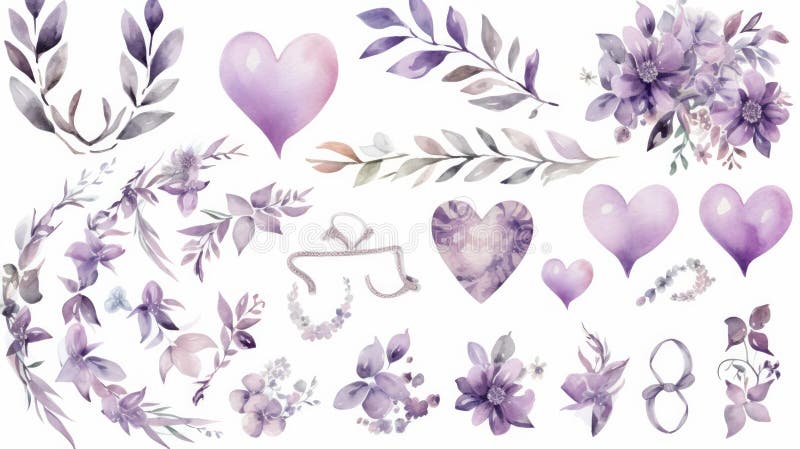 Set of Different Fresh Flowers in Lilac Colors on a White Background ...