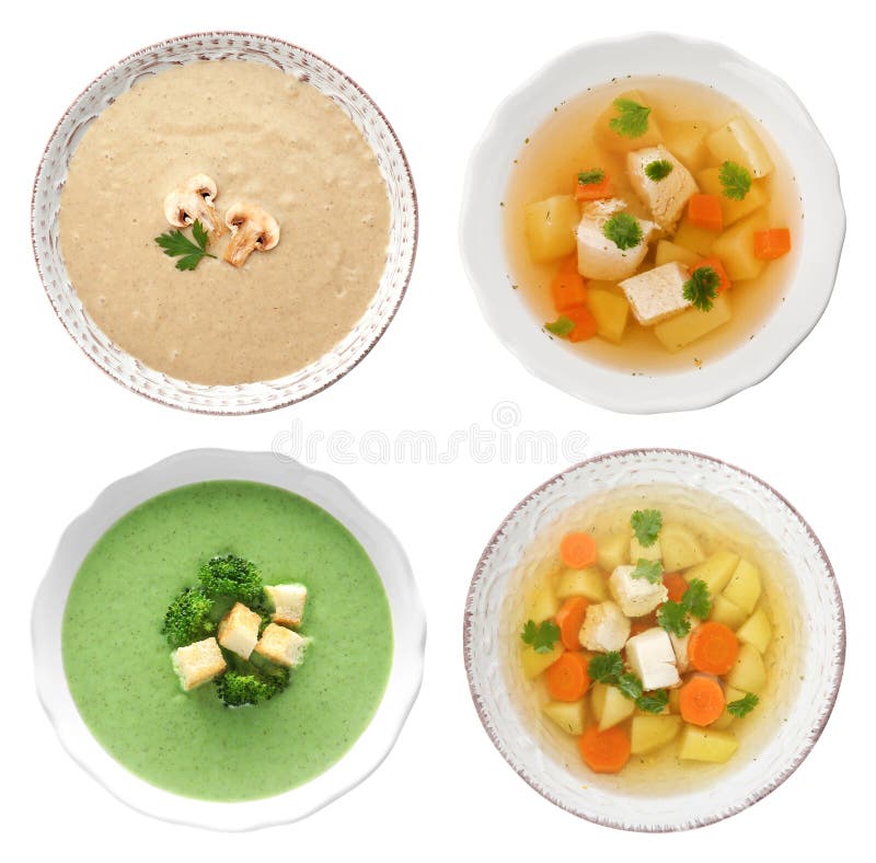 Set of Different Fresh Homemade Soups on White Background, Top Stock ...