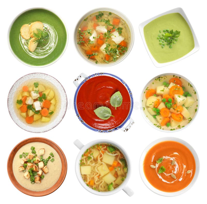 Set of Different Fresh Homemade Soups on White Background, Stock Photo ...